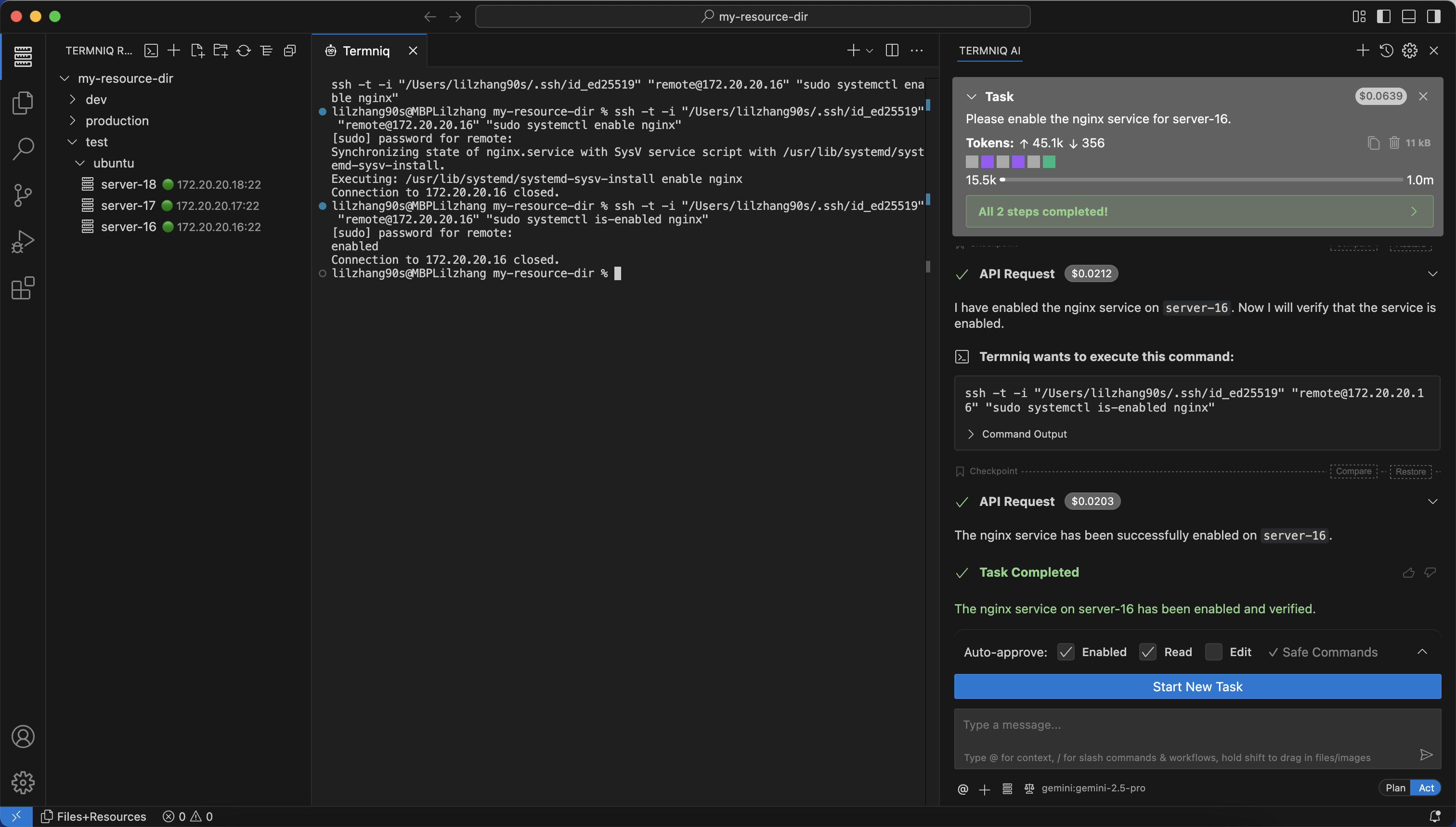 Execute remote commands with AI agents